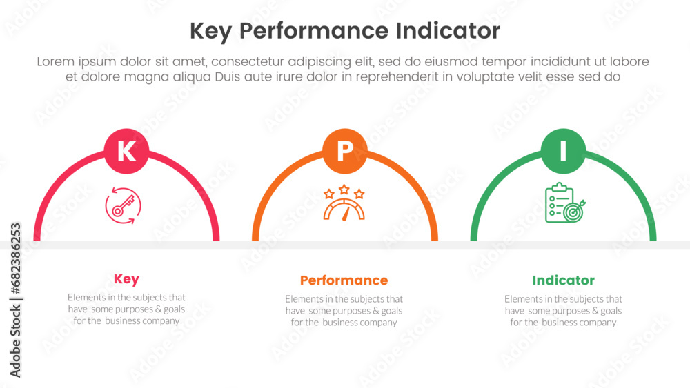 kpi key performance indicator infographic 3 point stage template with half circle shape outline ...