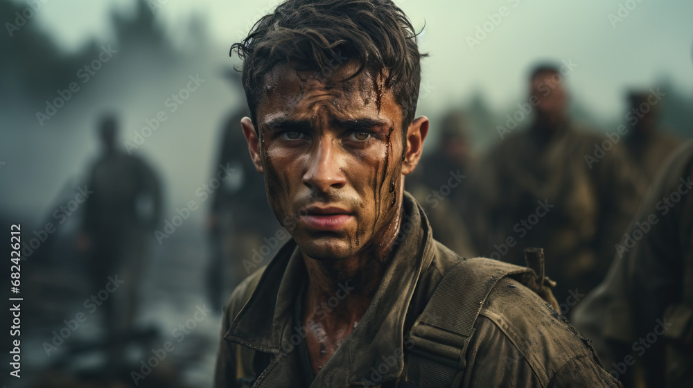 World War 2 solider on the battlefield. Concept of Historical conflict ...