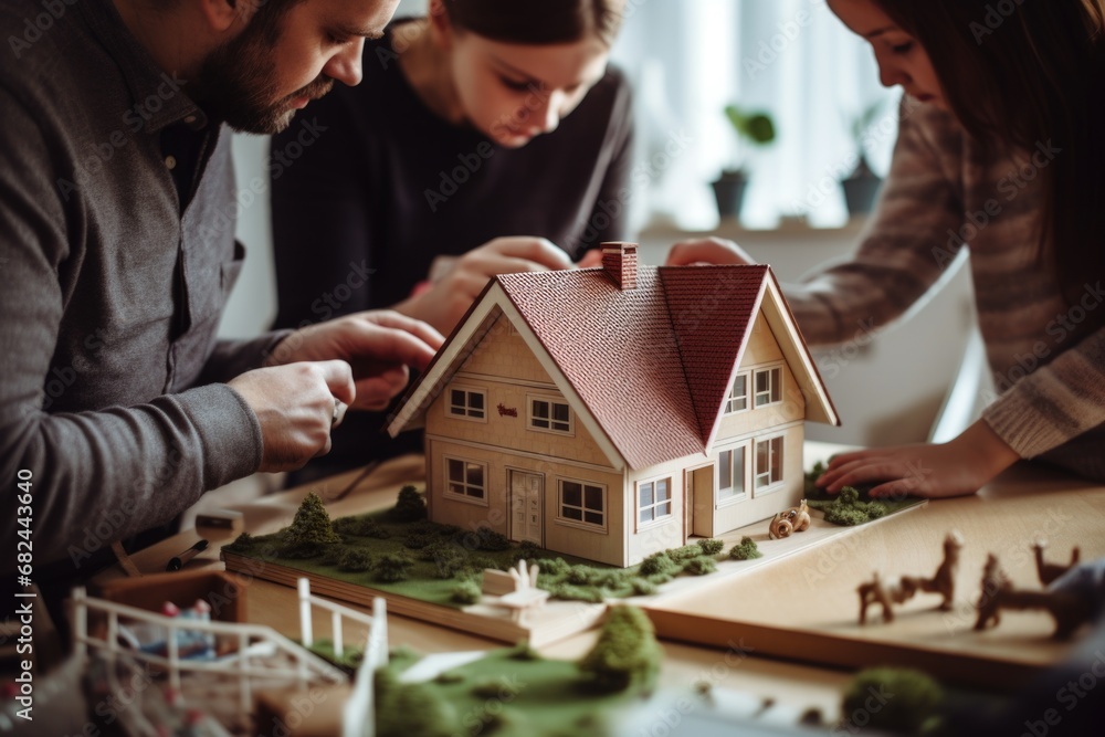 A group of people working together on a detailed model of a house. This ...