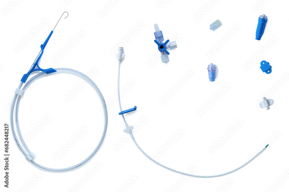 medical instruments. set for central venous catheter placement on white ...