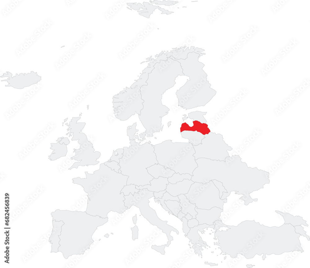 Red CMYK national map of LATVIA inside gray blank political map of ...