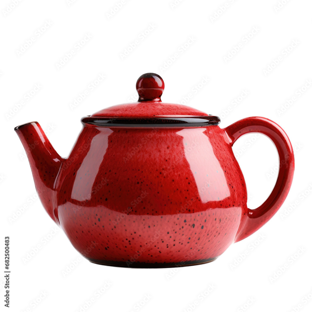 a Classic red ceramic glazed teapot in a side view in an isolated and ...