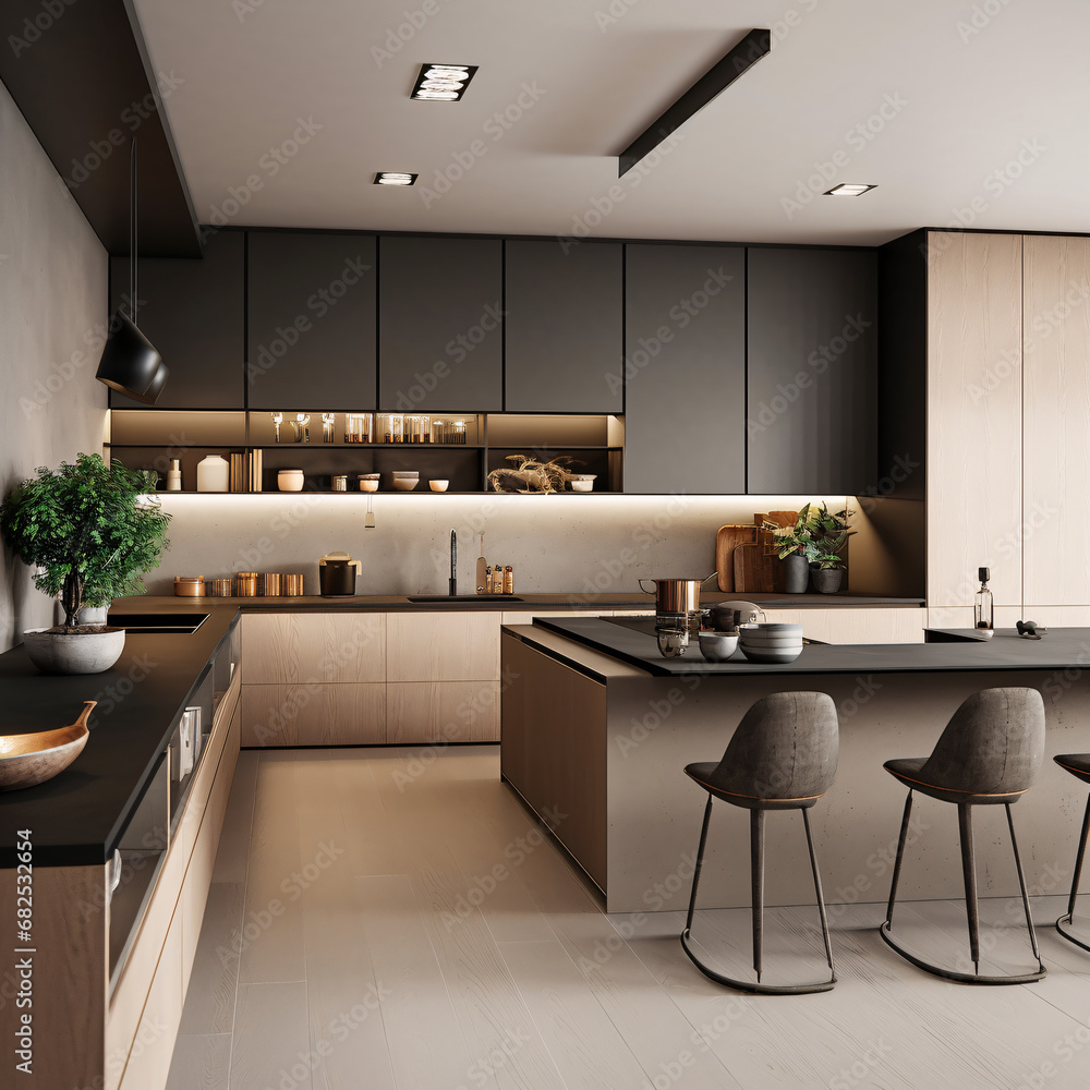 Kitchen in minimalist style. Bright or dark colors. Wood furniture ...