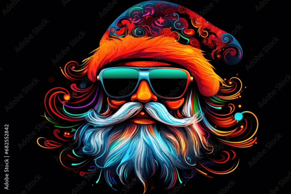 neon Santa Claus in a hat and sunglasses on a black background. the ...
