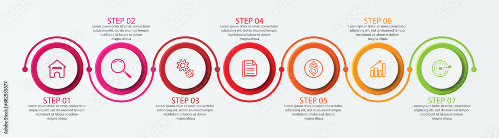 Simple infographic 7 parts or options, simple design with interrelated ...