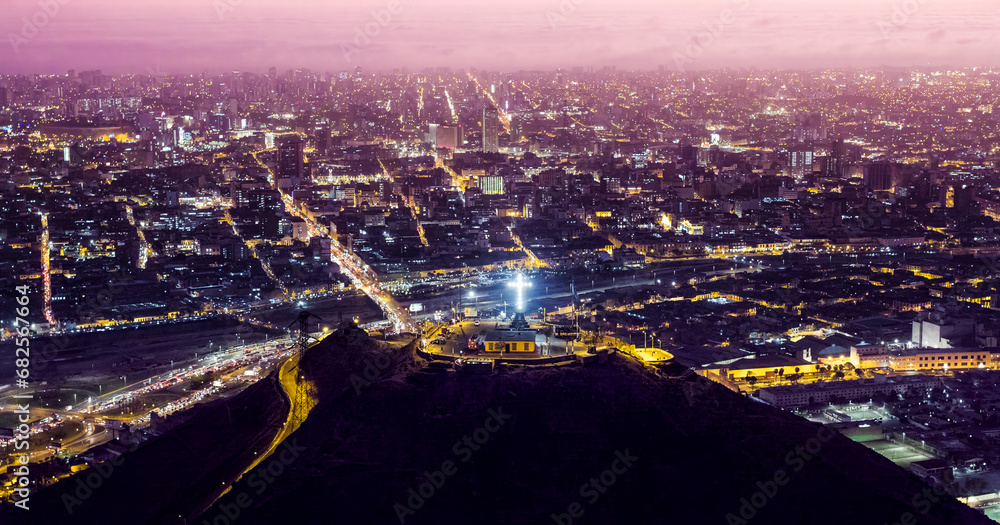 An aerial image of Lima, Peru, showing a perspective from the cross of ...