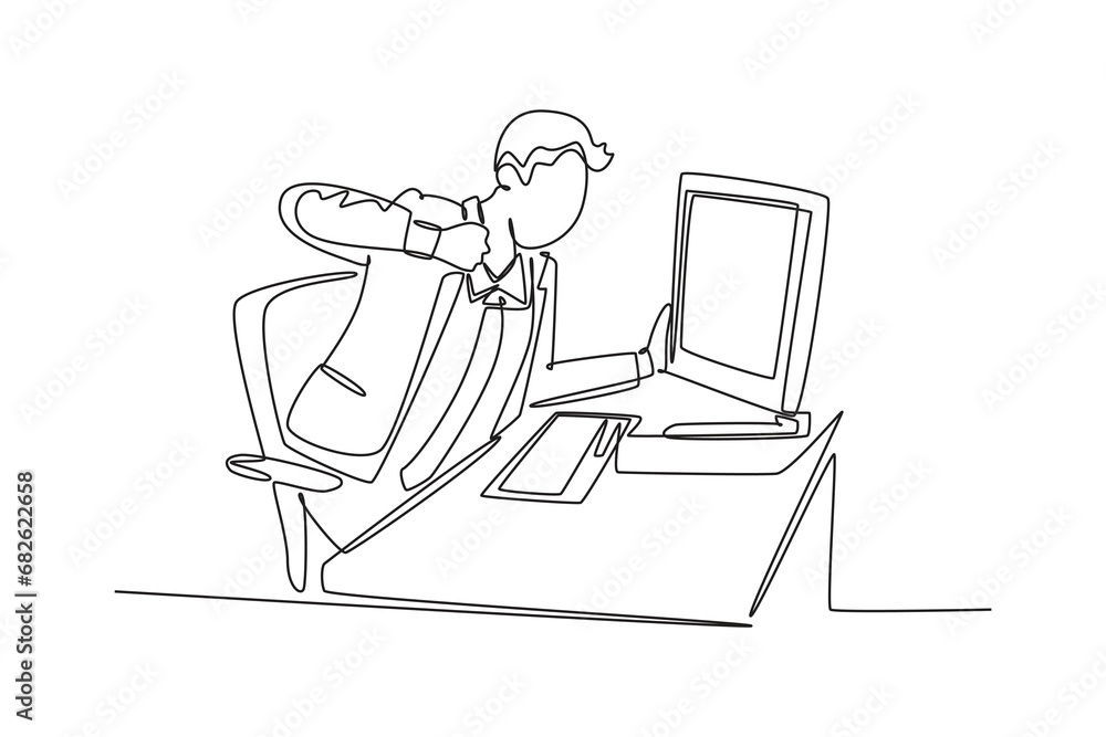 Continuous one line drawing young frustrated male employee ready to ...