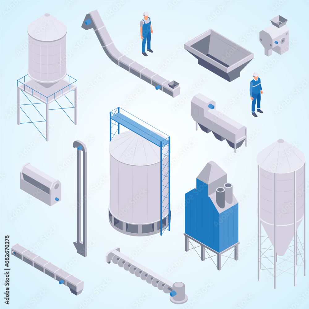 isometric production grain elevator set isolated icons with characters ...