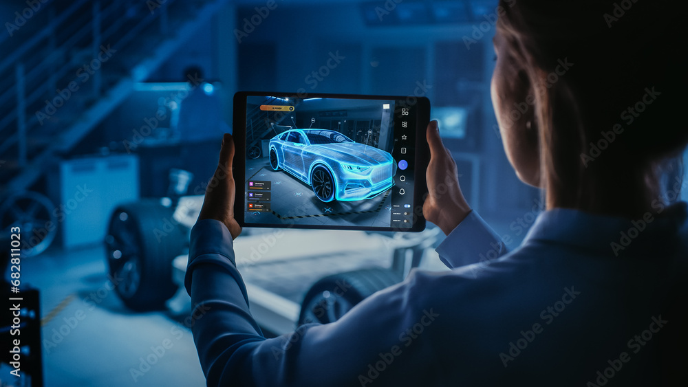 Automotive Engineer Working on Electric Car Chassis Platform, Using ...