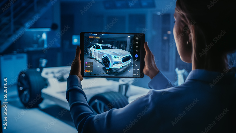 Automotive Engineer Working on Electric Car Chassis Platform, Using ...