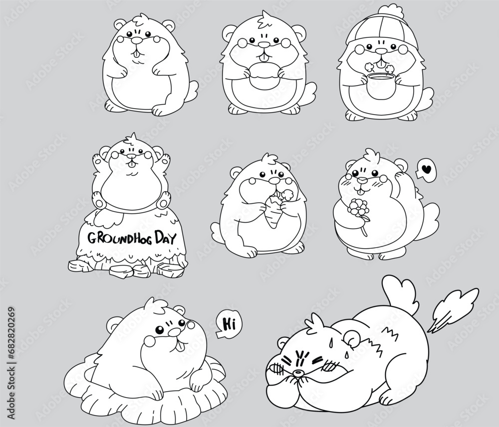 Groundhog hand draw Black and white line art cartoon style illustration ...