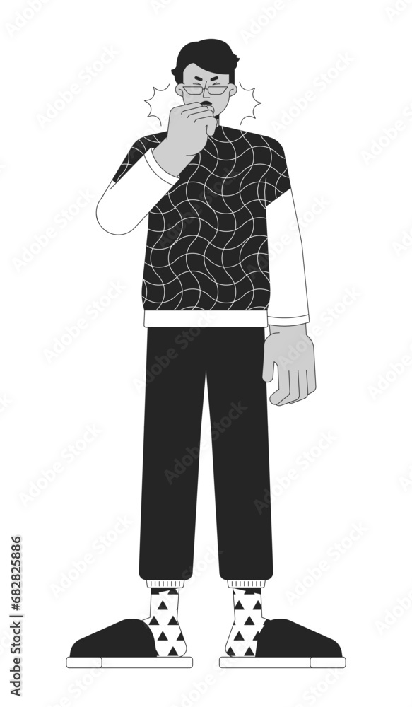 Cough cold symptom black and white cartoon flat illustration. Arab man ...