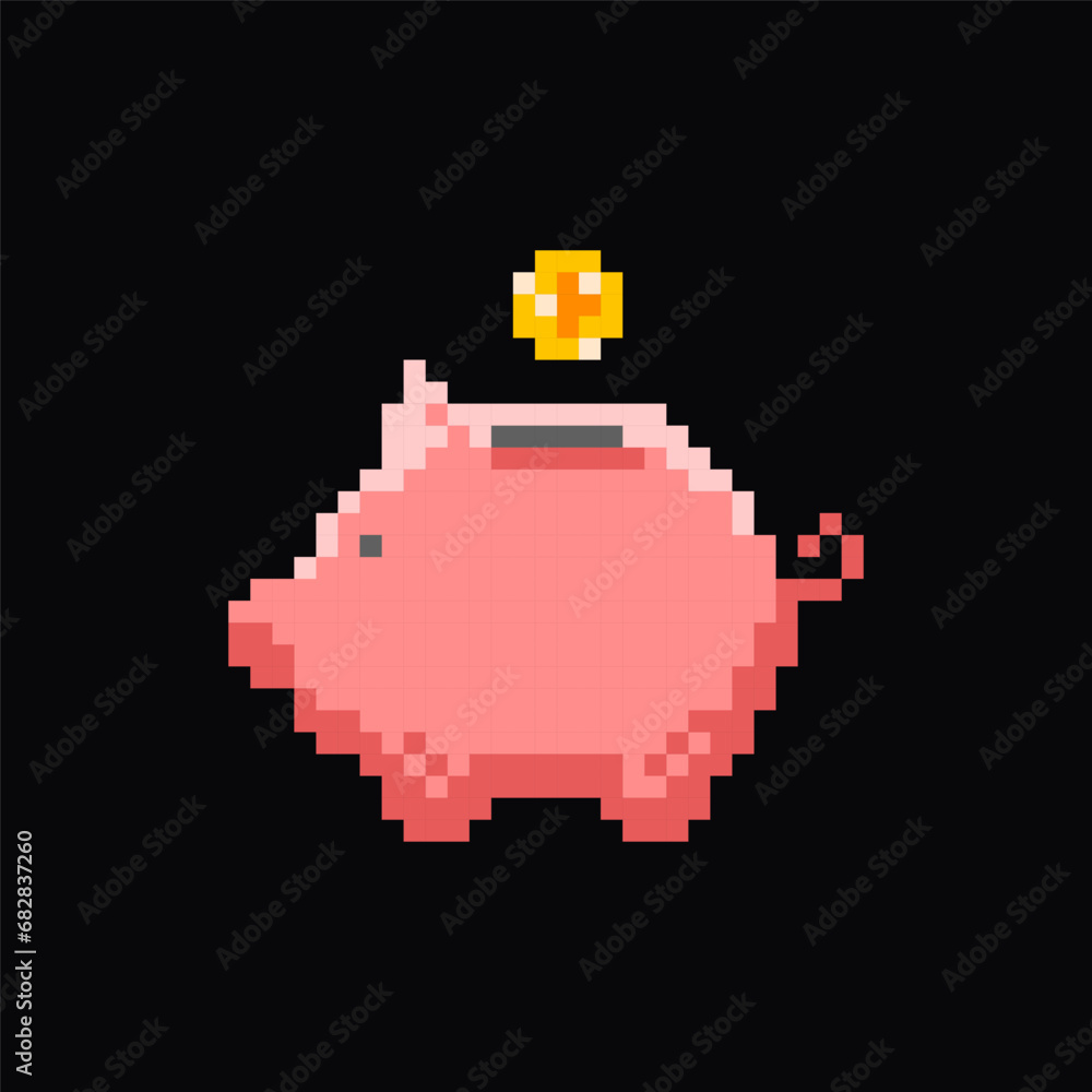 Piggy bank in the shape of a pig pixel art icon, 8-bit sprite. Isolated ...