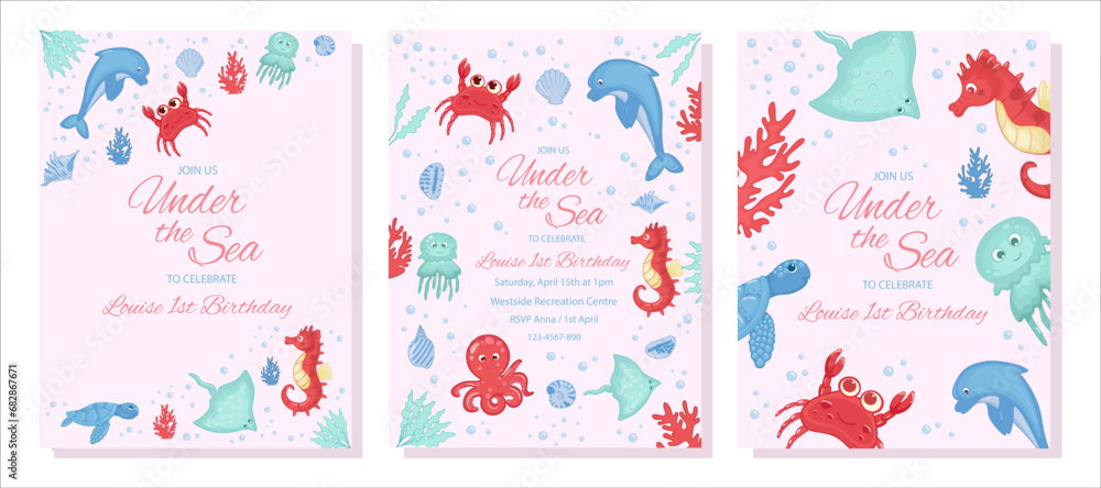 Birthday invitation set under sea theme background template, children's ...