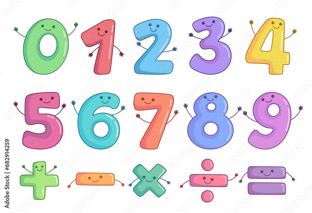 Cartoon figures, numbers and math symbols. Cute children illustratons ...