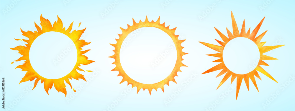 Watercolor vector sun solar corona crown shapes illustrations set. Fire ...