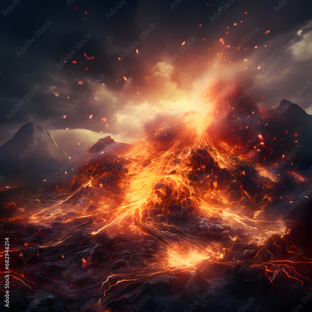 volcanic eruption, incandescent lava flow down the slope. environmental ...