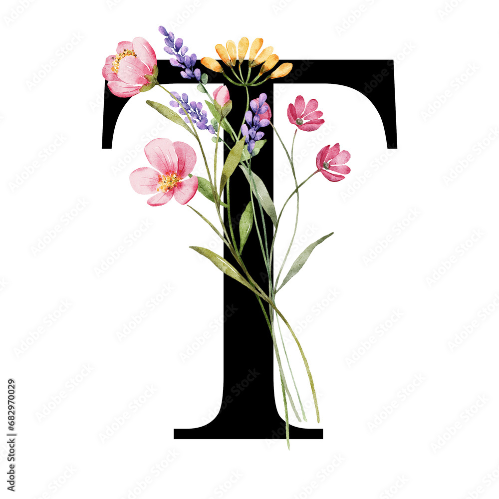 Stock-Illustration „Letter T, floral alphabet, wedding monogram with ...