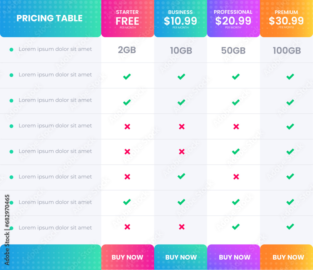 colorful Business website price pricing chart table Subscription. Web ...