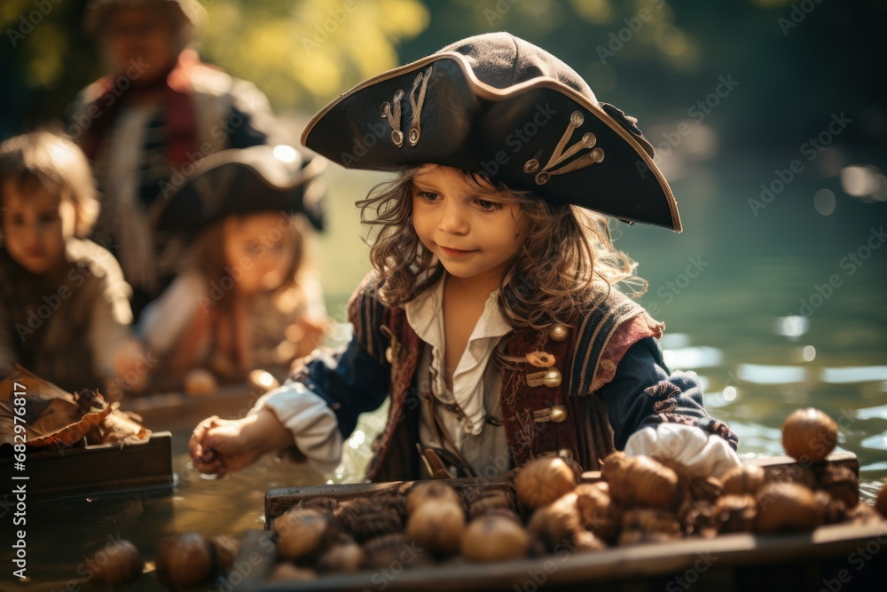 Kids dressed in pirate costumes and hats with treasure chest ...