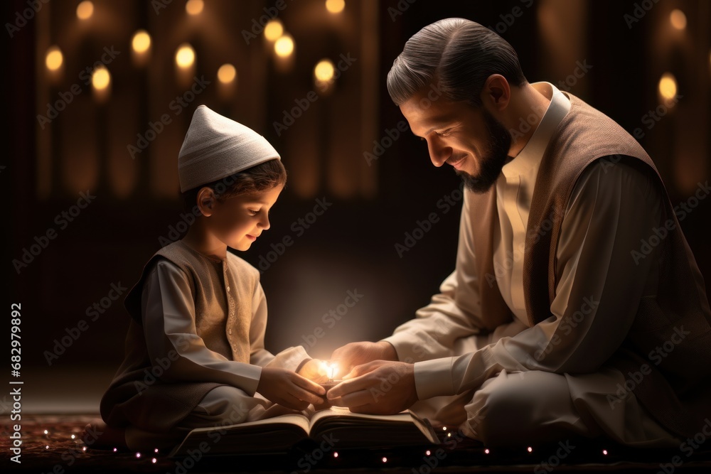 Ramadan Kareem greeting. Father and son in mosque. Muslim family ...