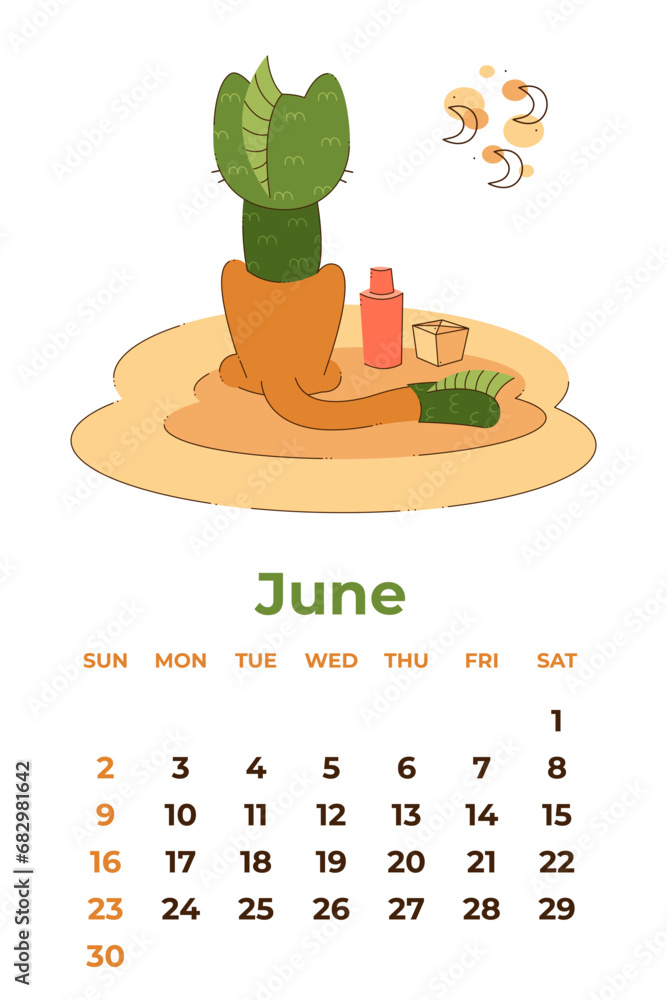 June 2024. Calendar sheet with a cute cat in a dragon costume sitting ...