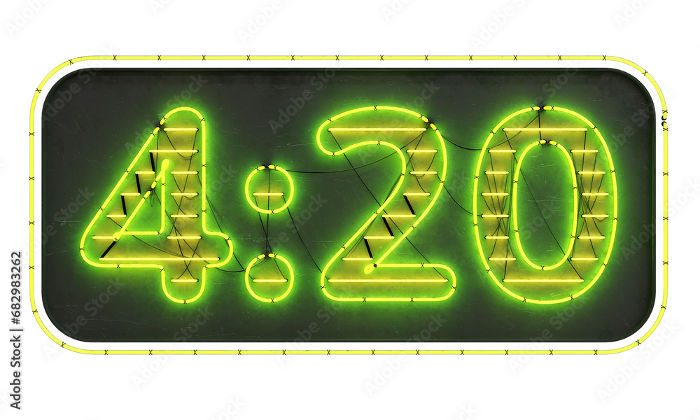 Crafted with precision, the time number "4:20" gleams in green neon ...