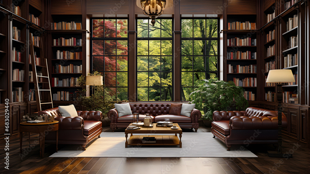 Modern Library With Big Window Looking Into Forrest. Big Bookshelf and ...