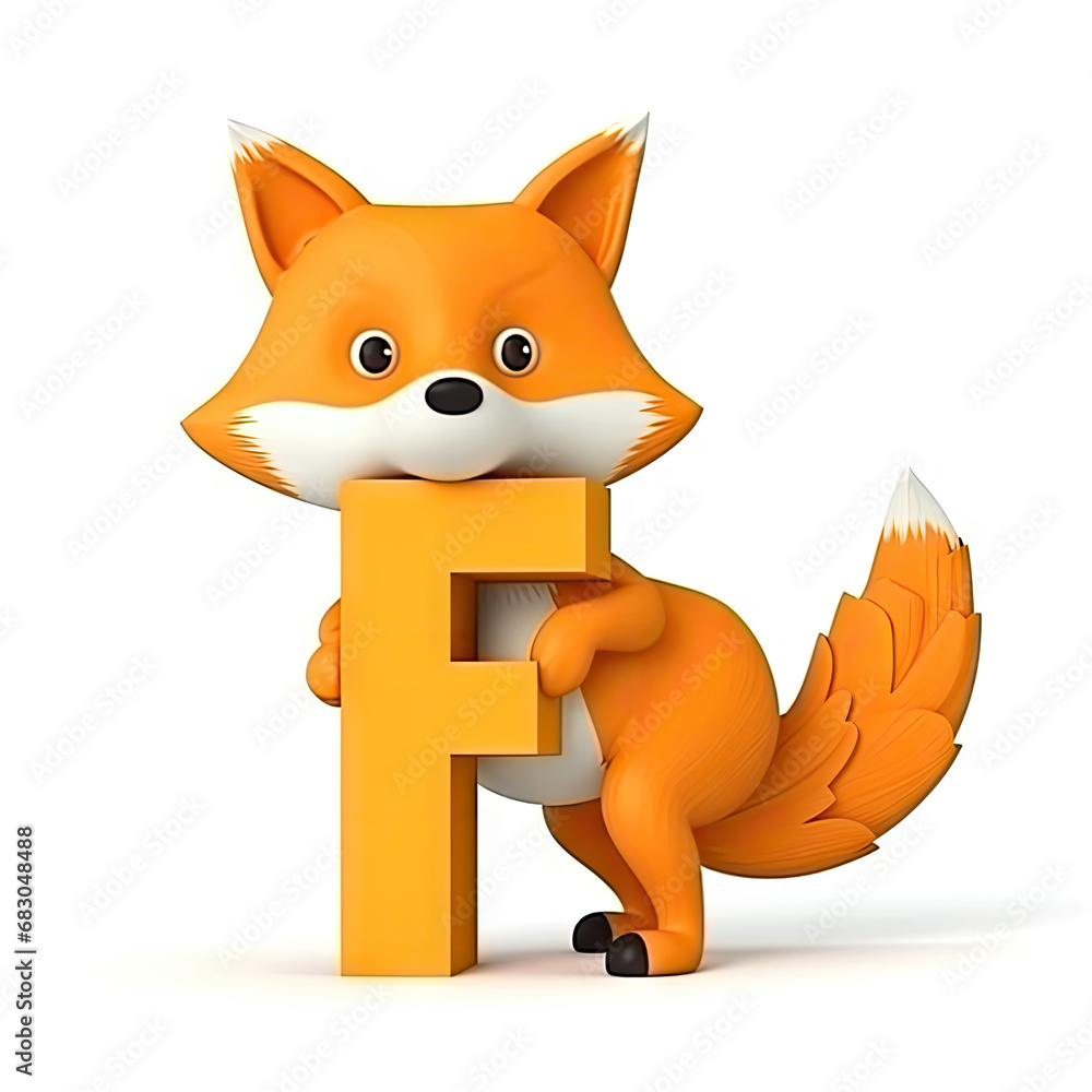 Kids alphabet with fox. Cute orange cartoon foxy, standing near yellow ...