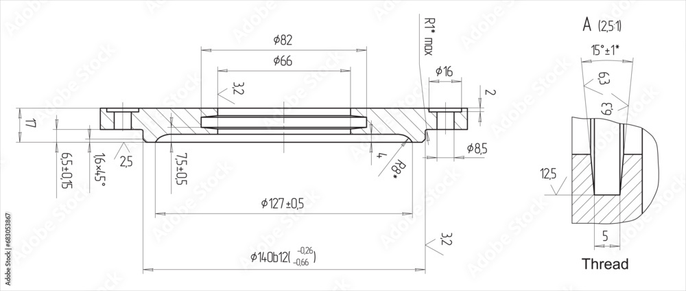 Vector engineering cad drawing of a mechanical part (steel wheel) with ...