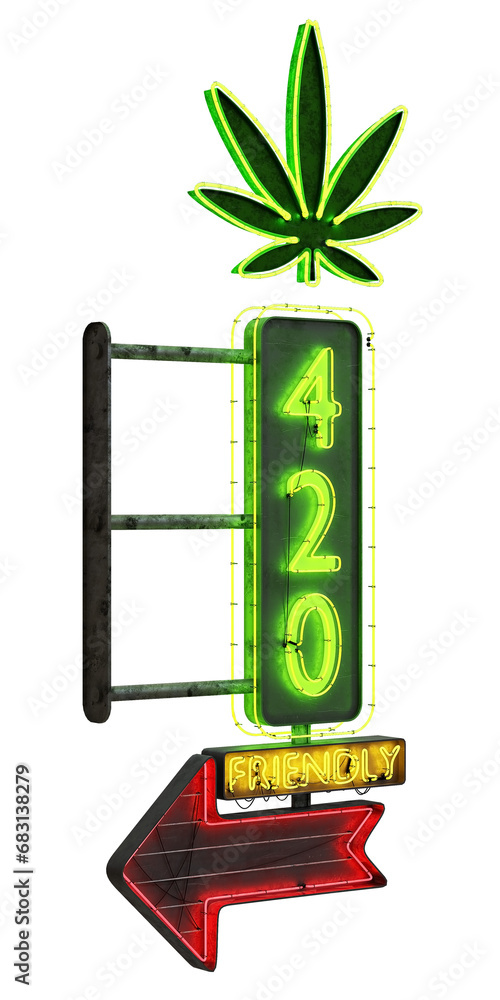 "420 Friendly" shines boldly on a vertical green neon sign with a neon ...