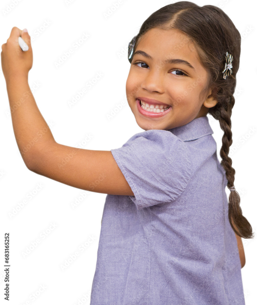 Digital png photo of happy biracial schoolgirl writing with chalk on ...