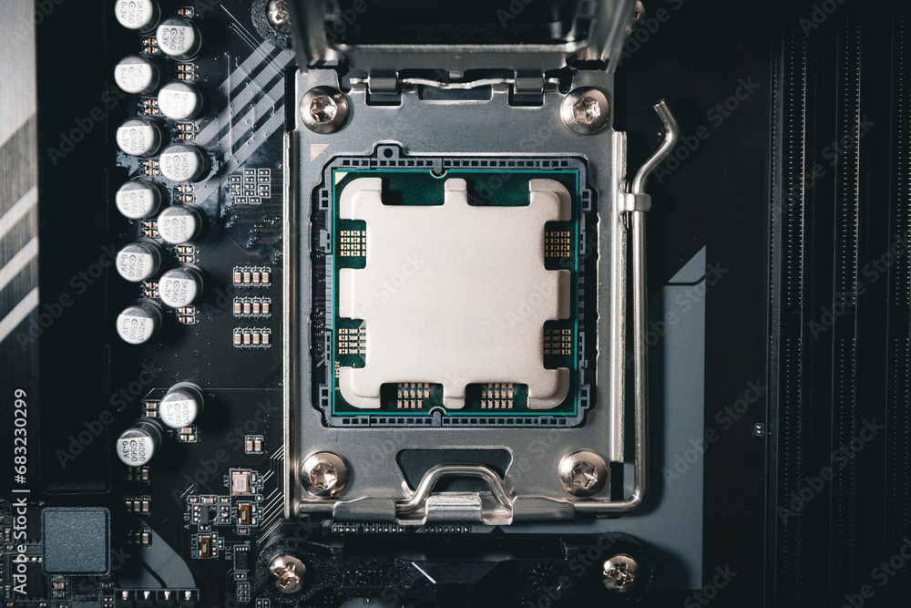 Computer processor from 2023 - CPU sitting in a motherboard on a gaming ...
