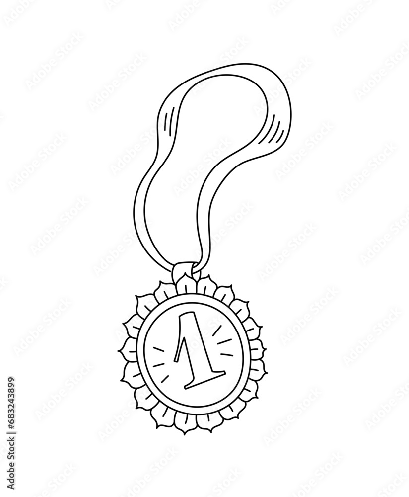 Medal. First place. Competition award. Hand drawn sketch outline ...