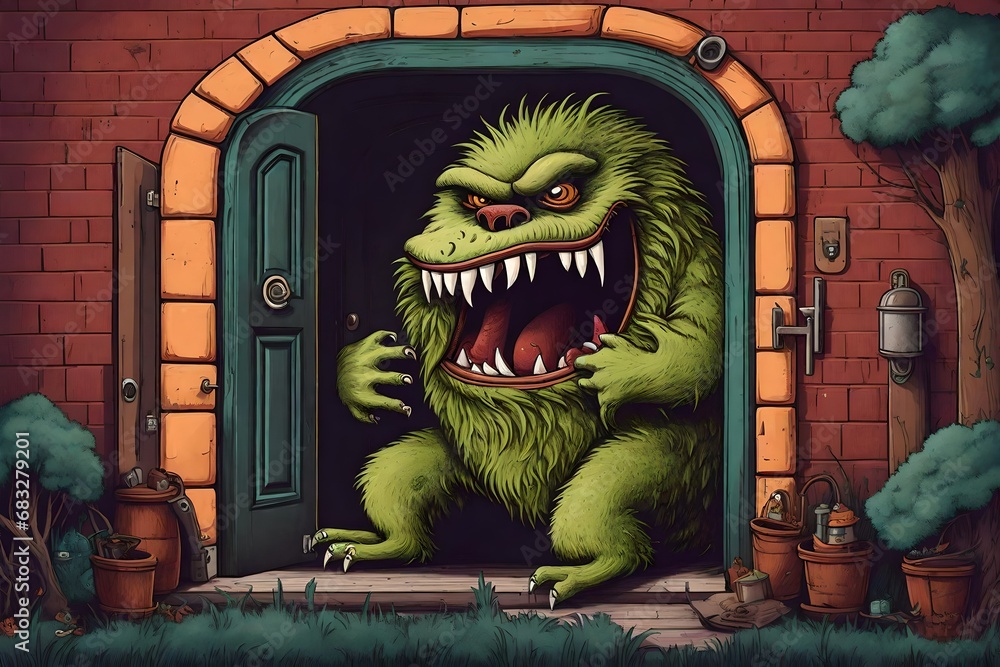 illustration of a monster coming out of a door, quirky furry fuzzy ...