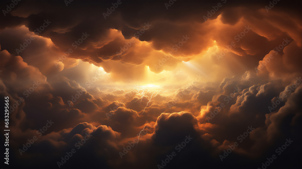 dramatic sky with Cumulonimbus clouds and ray of light from the sun in ...