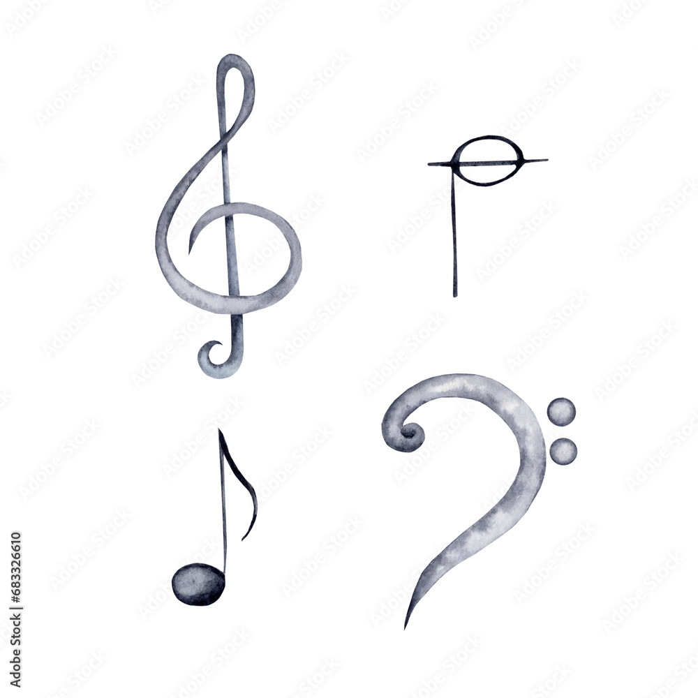 Treble and Bass Clef with Notes watercolor illustration. Classical ...