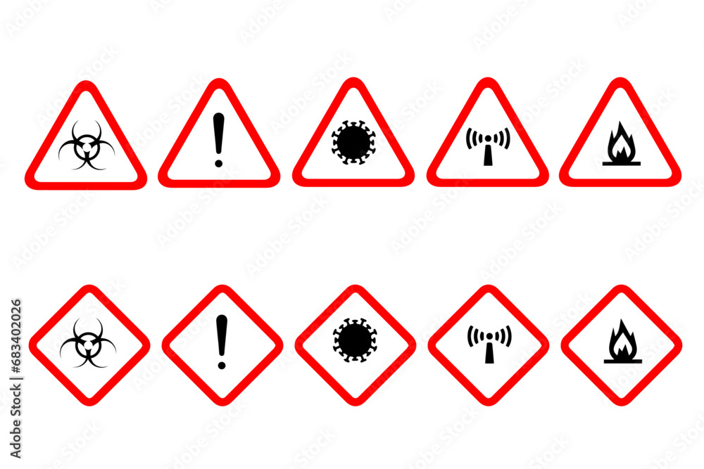 Isolated hazardous material signs. Hazard danger red vector signs ...