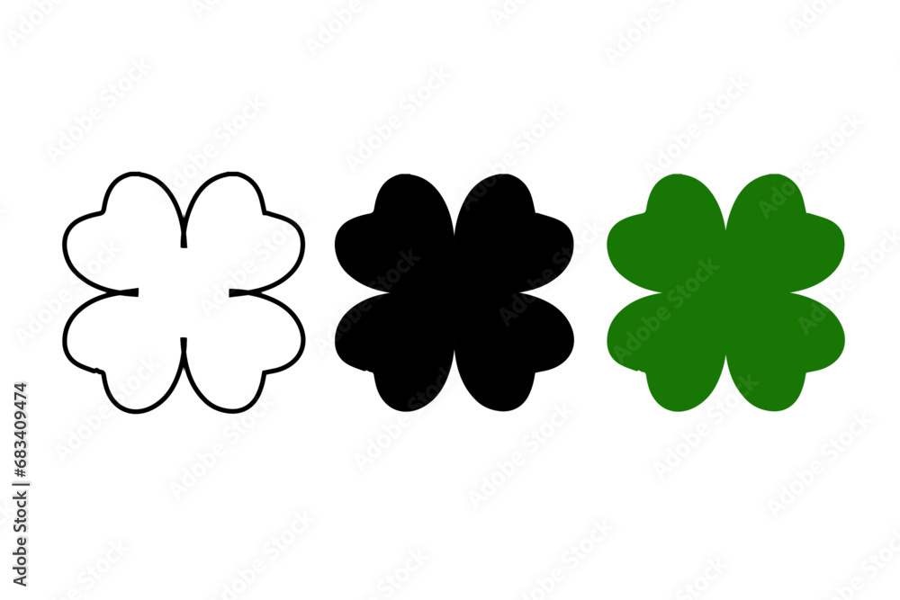 Good luck four leaf clover flat icon set. Green shamrock, cloverleaf ...