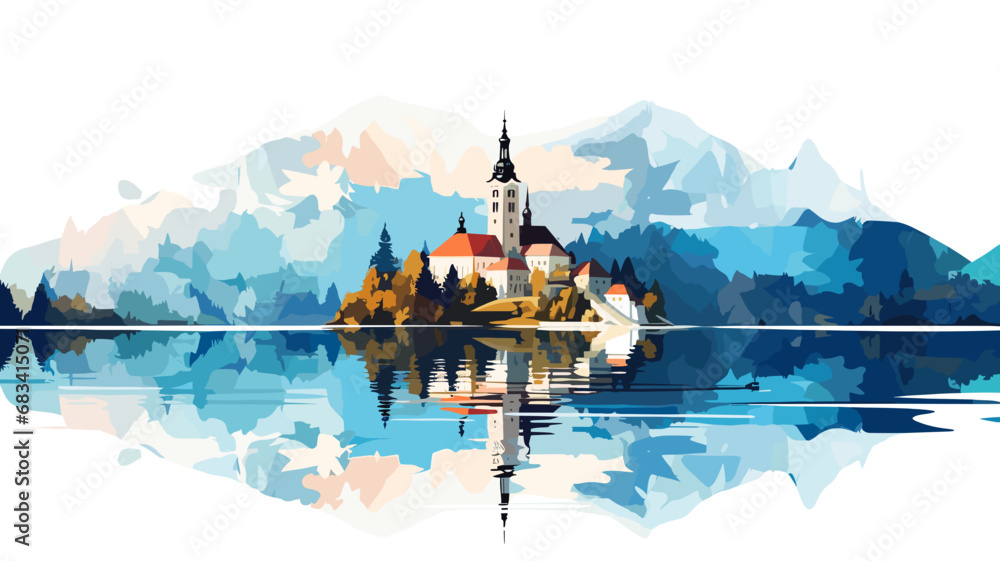 copy space, simple vector illustration, Lake Bled, Slovenia. Flat 2D ...