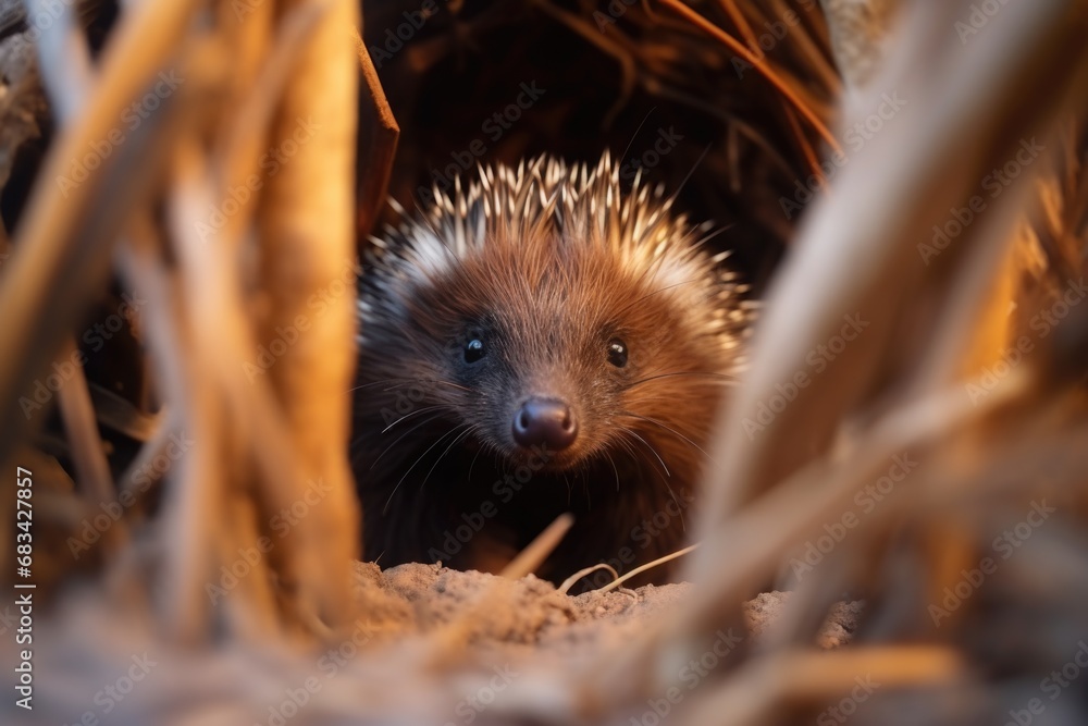 A cute hedgehog is seen peeking out of a small hole. This image can be ...