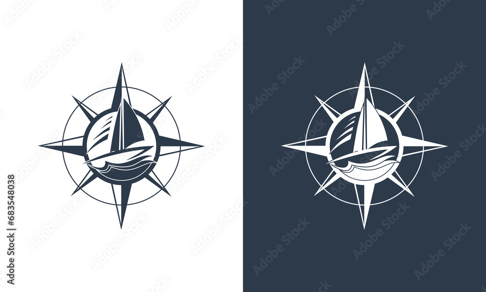 compass and ship logo collection with black and white background vector ...