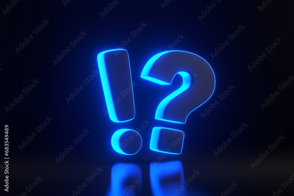 Exclamation and Question Mark with bright glowing futuristic blue neon lights on black ...
