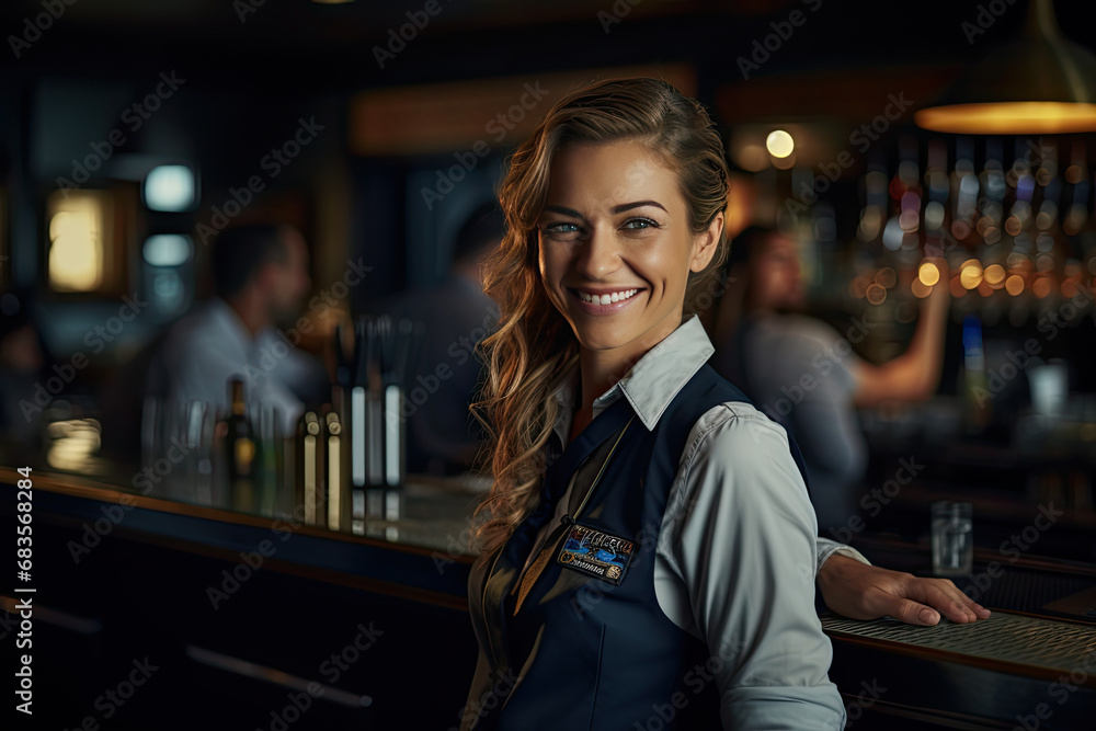 attractive bartender serving drinks in a pub, sports bar, restaurant ...