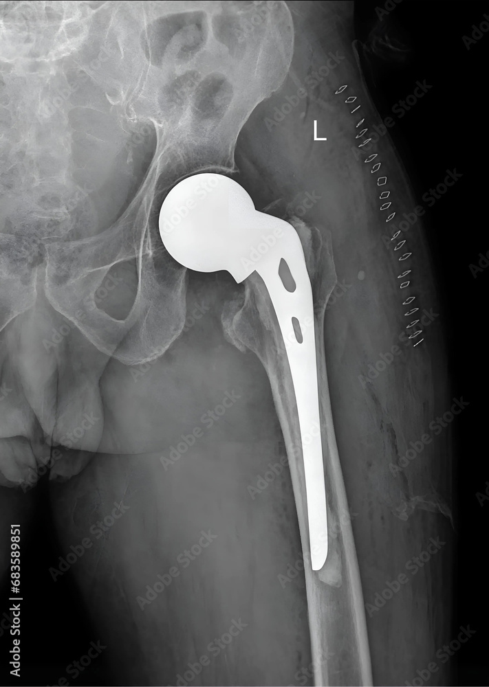 X-ray image depicting a hip replacement. The artificial components ...