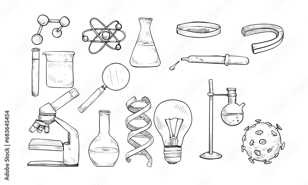 lab equipment handdrawn illustration engraving Stock Vector | Adobe Stock