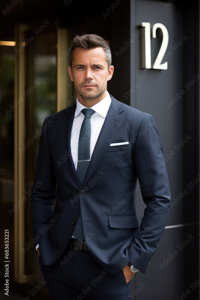 40 years old investment banker in front of a banking office entry in ...
