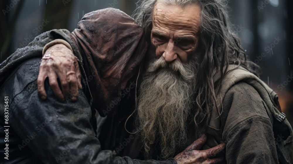 Foto de Stock Despair-filled homeless man in tattered clothes ...