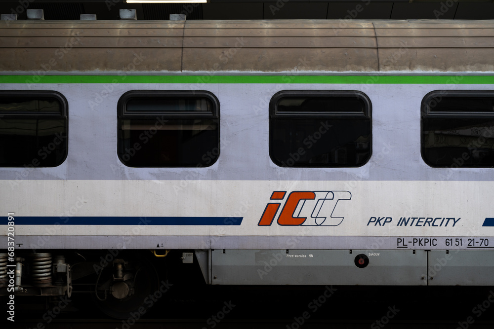 PKP Intercity passenger train wagon, with logo sign. Polish state ...