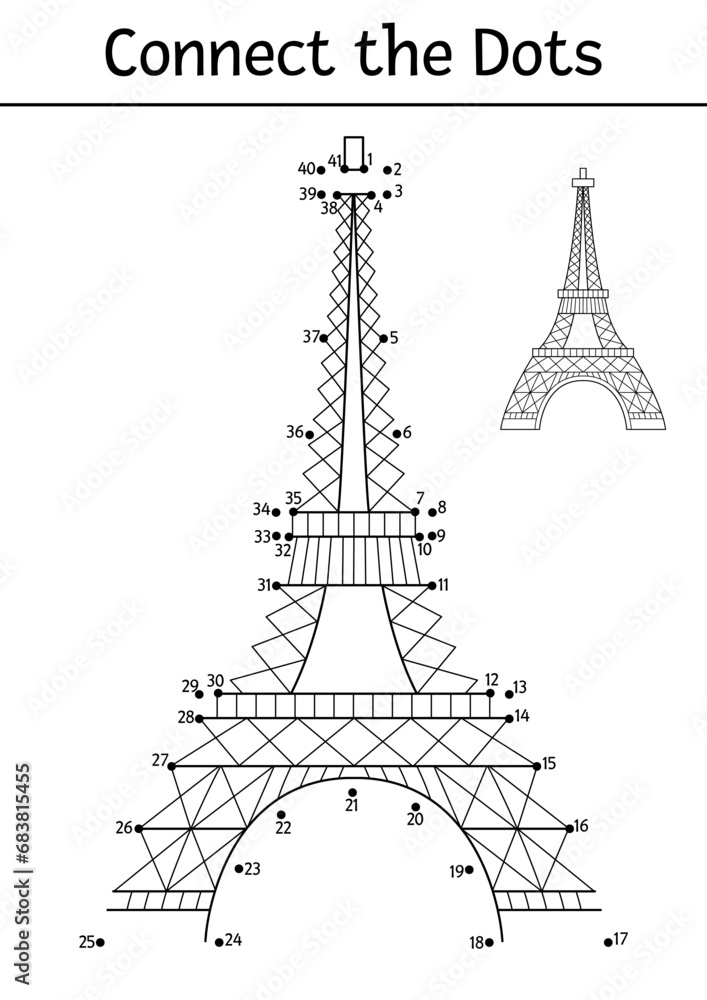 Vector dot-to-dot and color activity with Eiffel Tower. France themed ...